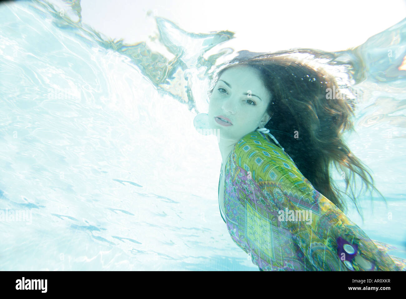 Fully-dressed young woman underwater Stock Photo - Alamy