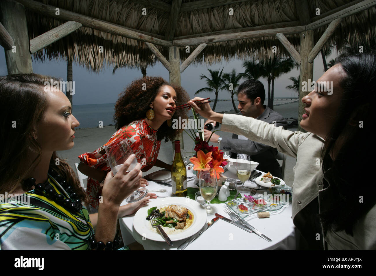 Friends having dinner at beach Stock Photo - Alamy