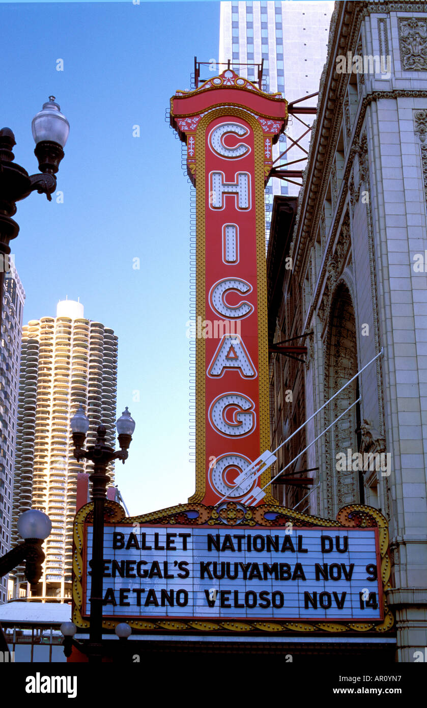 The big neon sign outside the popular Chicago Theater Chicago USA Stock ...
