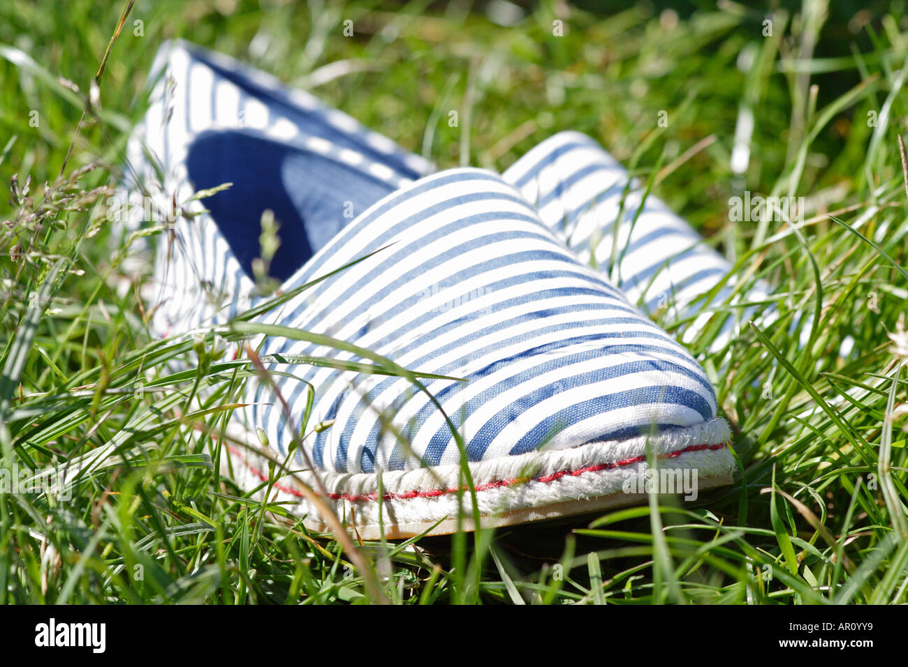 Striped cloth shoes in grass Stock Photo - Alamy