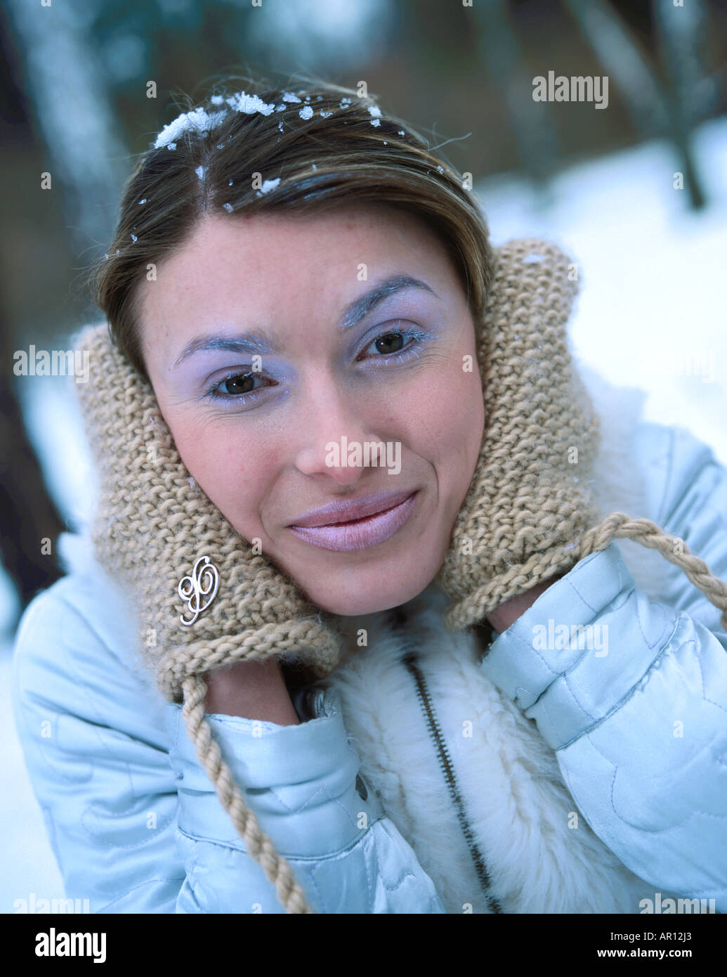 outdoor day winter snow tree trees park close up woman 25 30 young ...