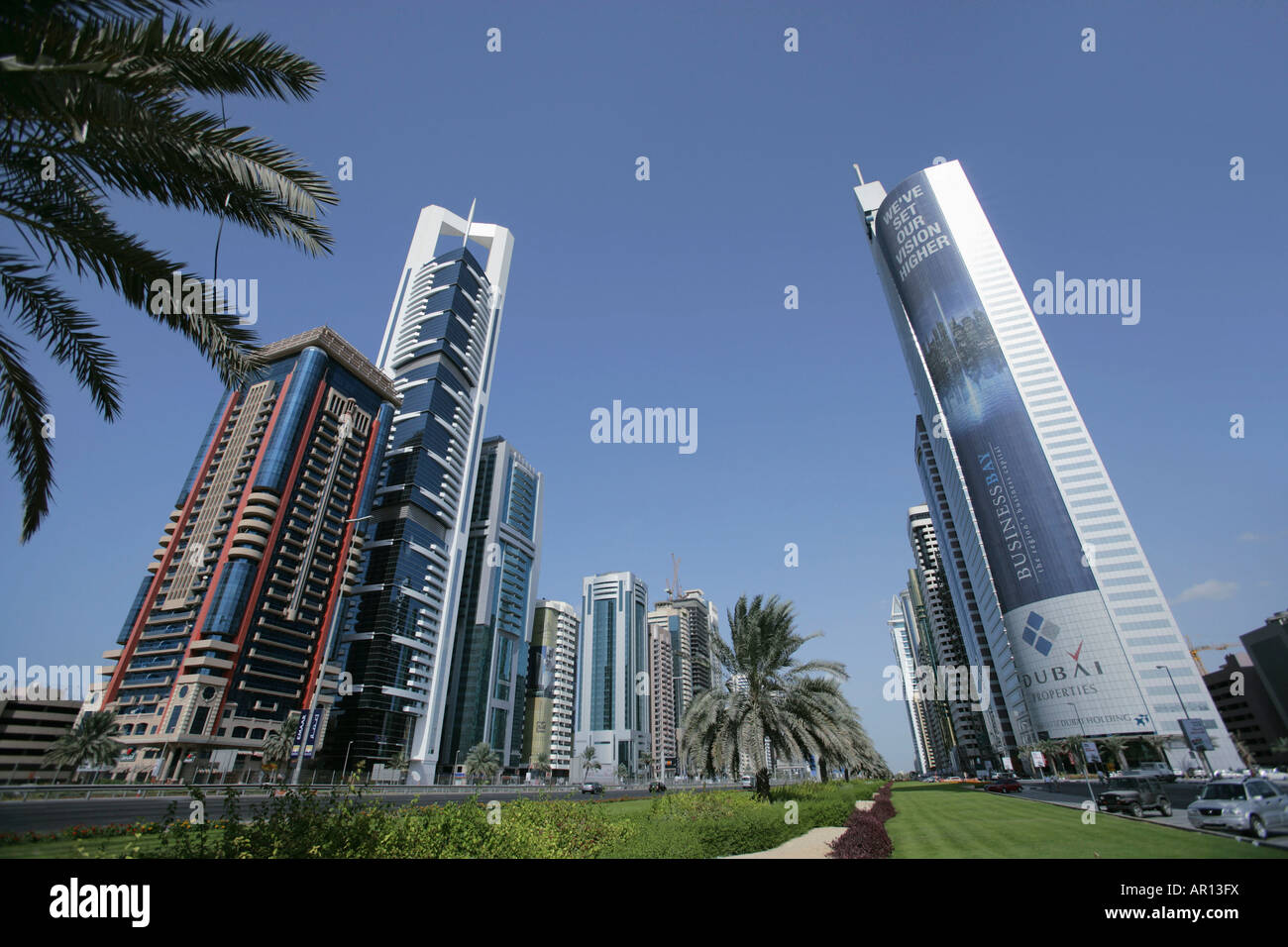 Low angle view of the buildings and tower of Sheik Zayed Road seen ...