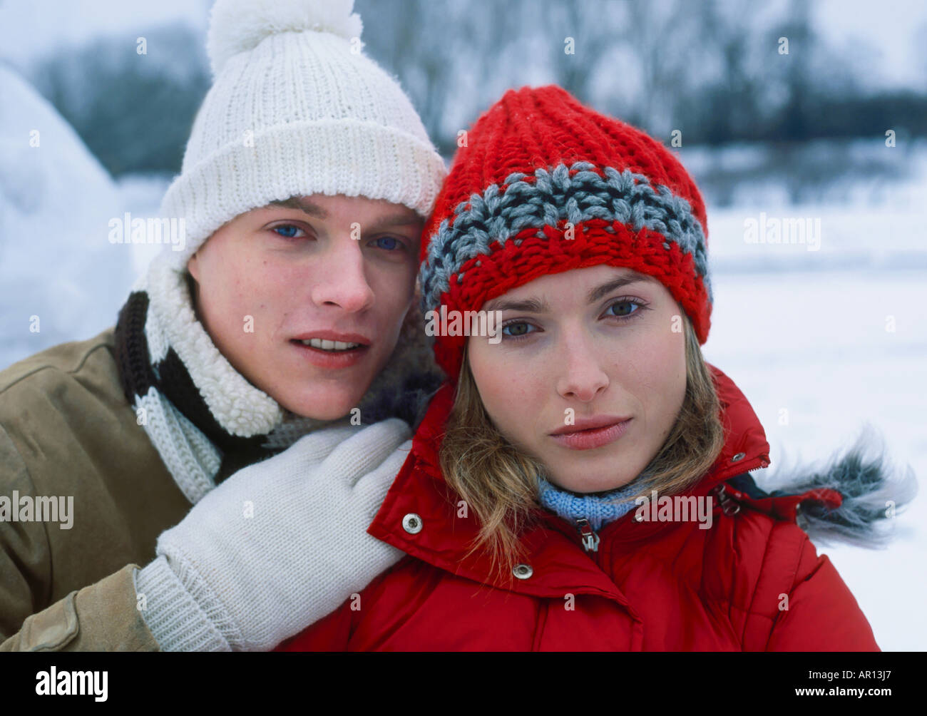 outdoor day winter snow tree trees park close up woman man 25 30 young ...