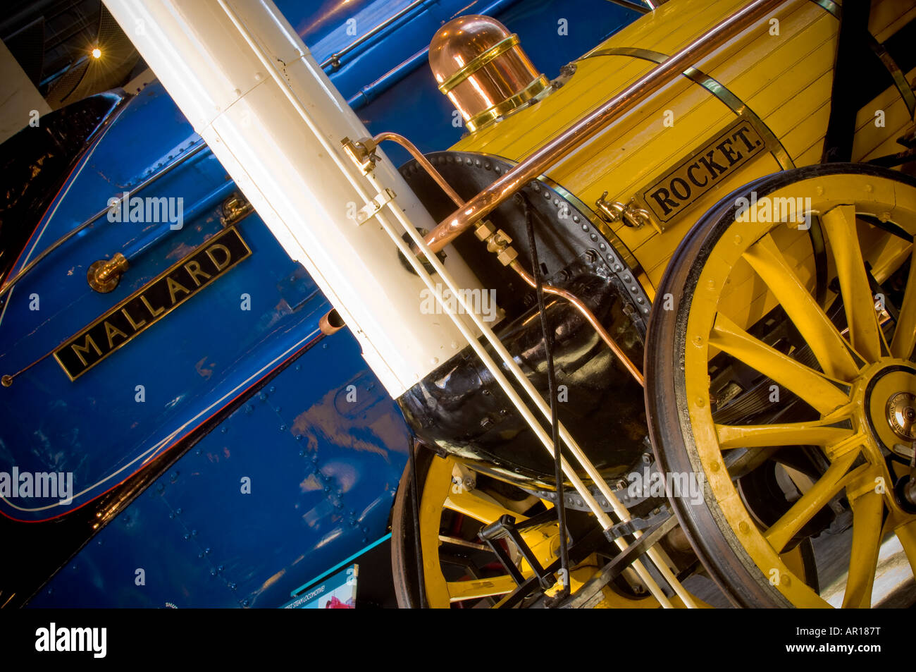 Closeup of the white funnel and boiler of Stephenson's Rocket in front ...