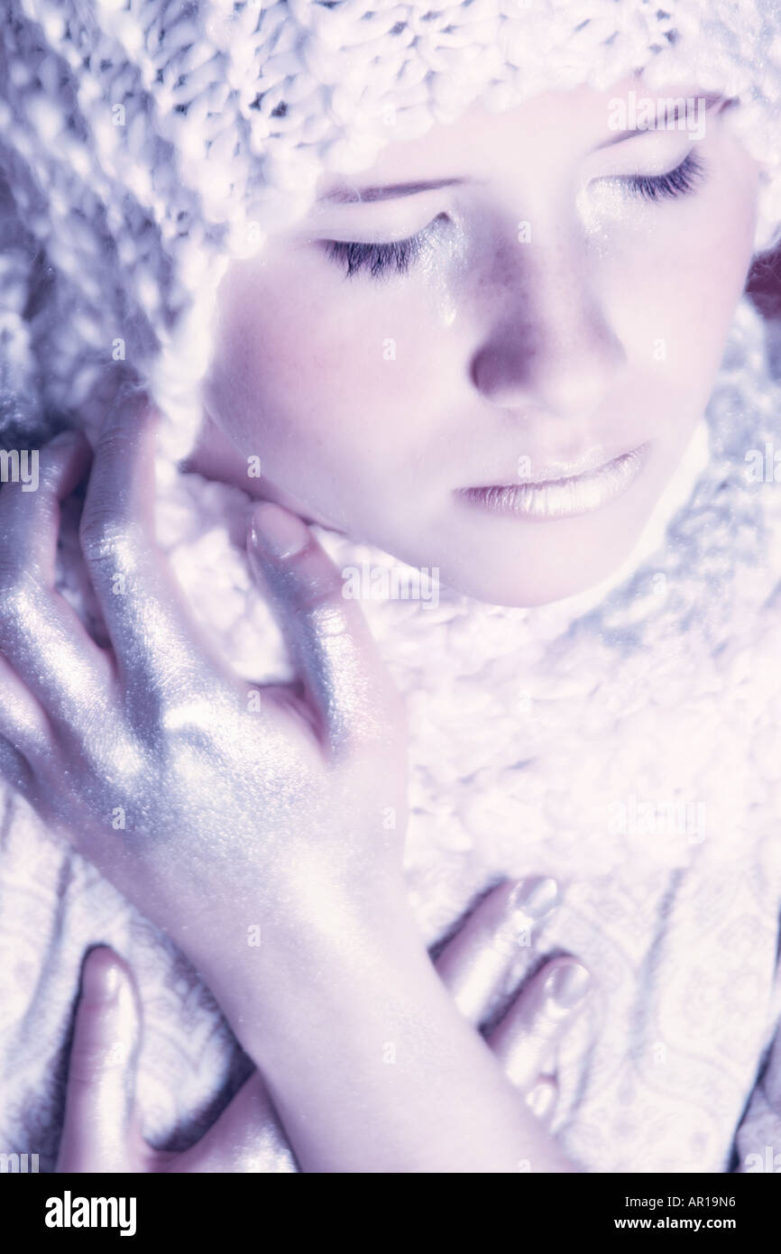 indoor studio close up woman 25 30 girl eye eyes close tears cry crying ...