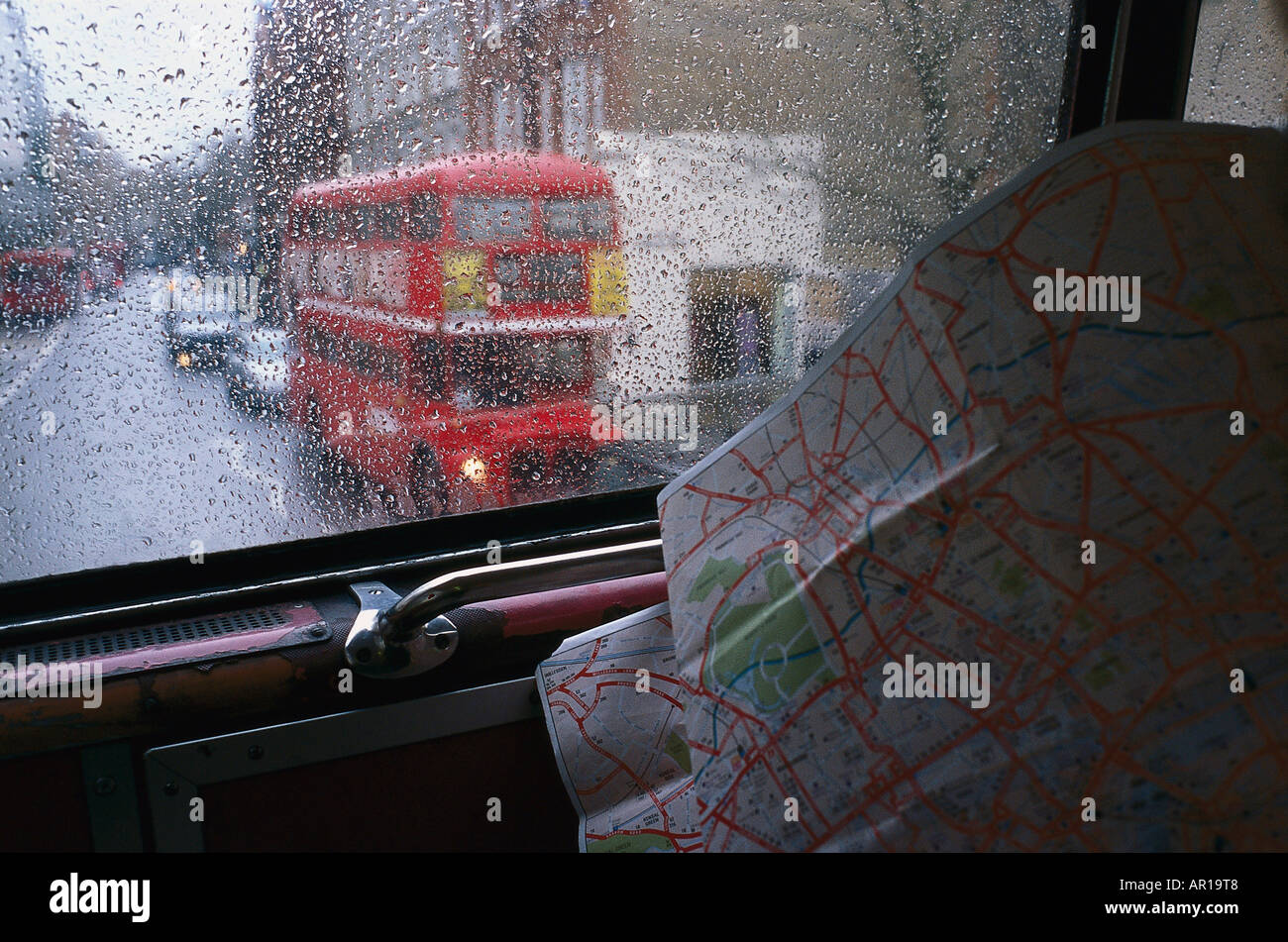 view through rainy bus window with city map, London, England Stock ...