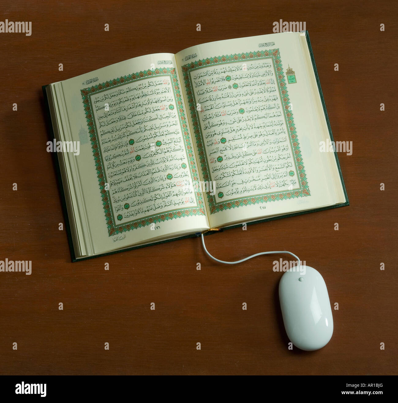 Computer mouse wire used as bookmark in book, close-up, elevated view ...