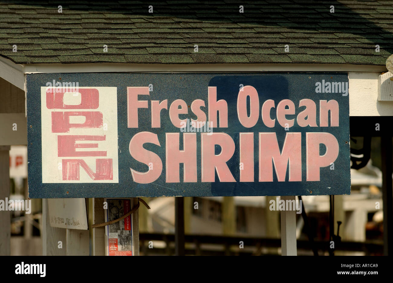 Horizontal color image of a fresh shrimp sign at a commercial fishing ...