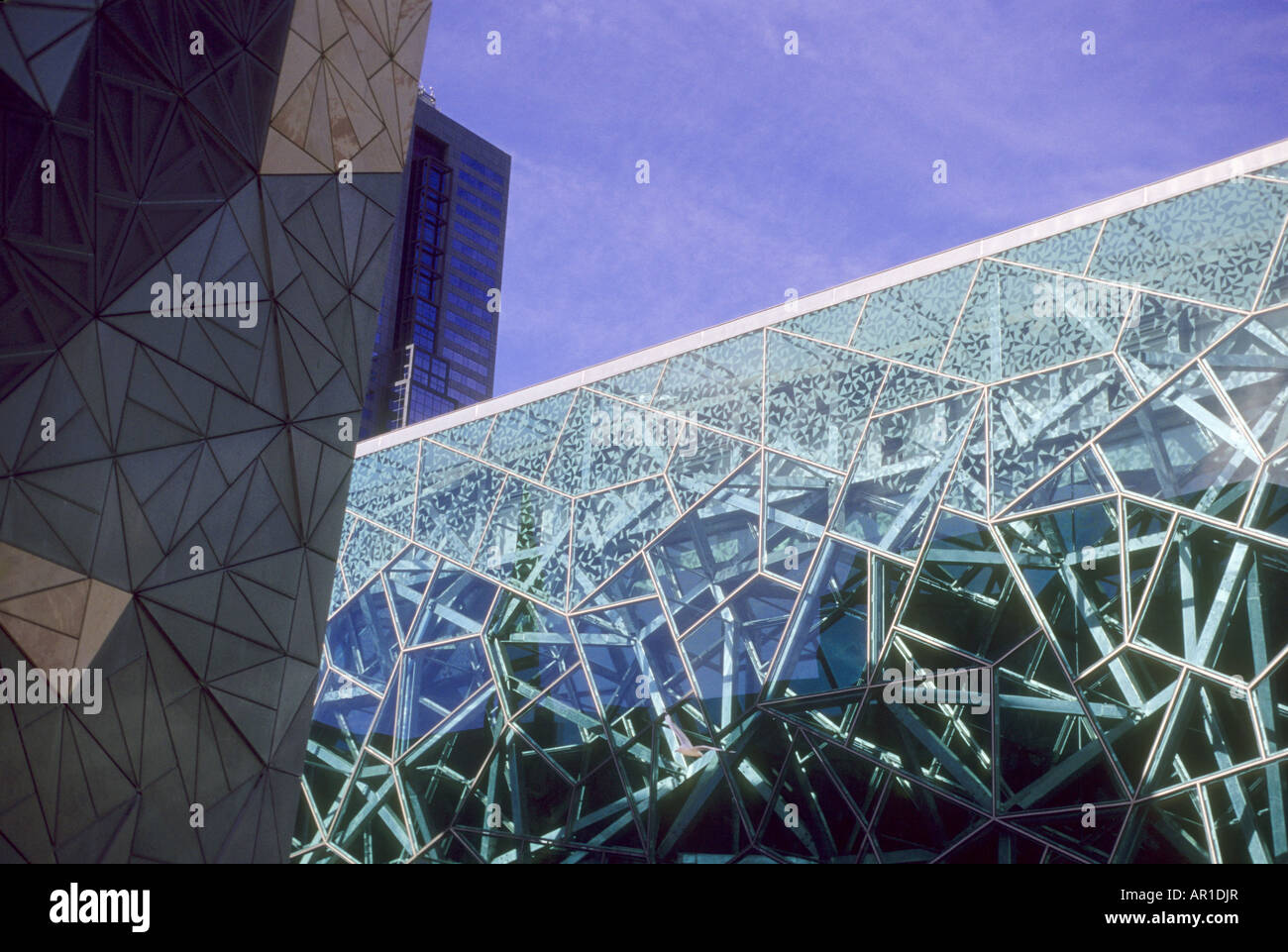 A detail from the facade of one of the buildings on Federation Square ...