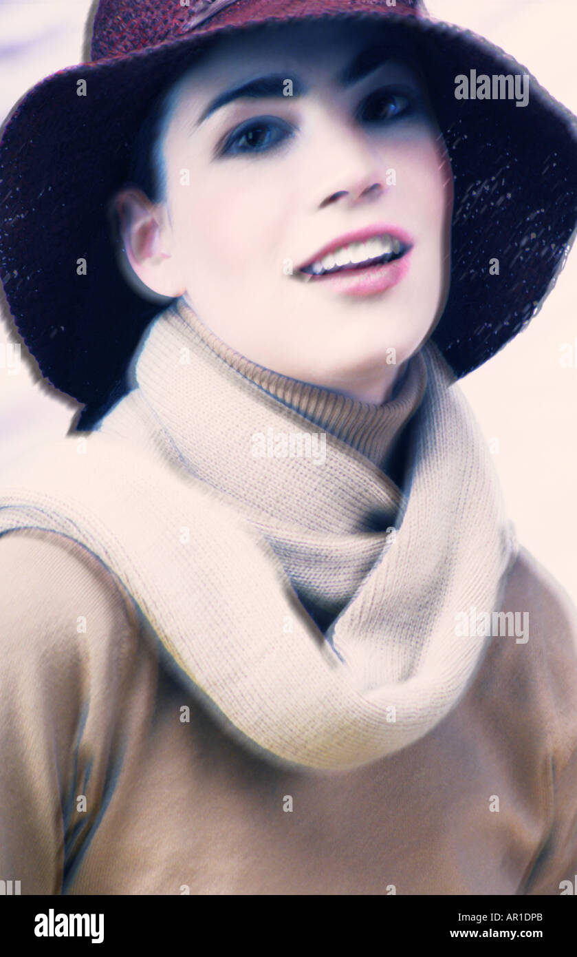 indoor studio close up woman 25 30 brunette make up hat smile smiling ...