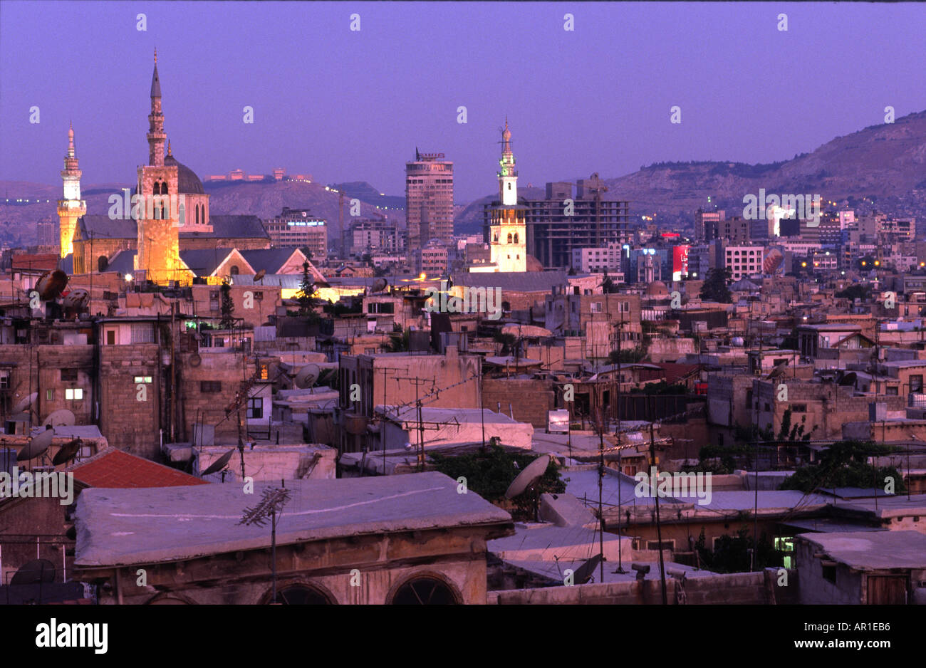 Sunrise in Damascus with Umayyad Mosque in background Stock Photo - Alamy
