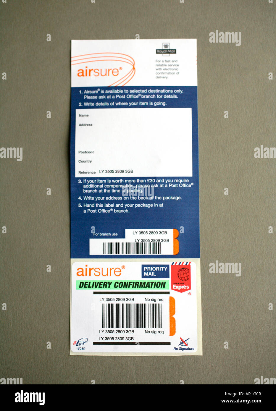 Royal Mail Airsure Delivery labels Stock Photo - Alamy