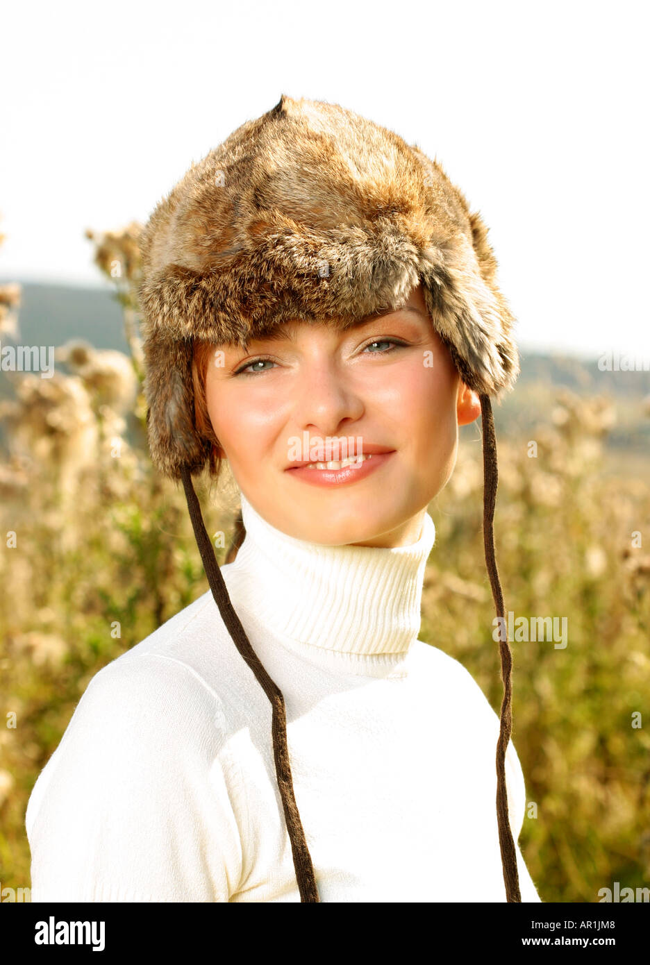 outdoor autumn day mead field grass close up woman young 25 30 blonde ...
