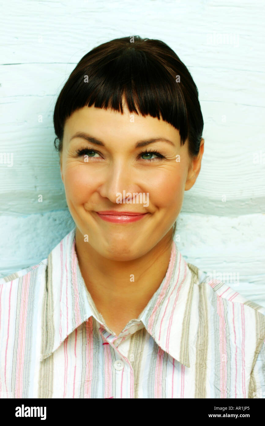 indoor studio close up woman 25 30 portrait brunette forelock mine ...