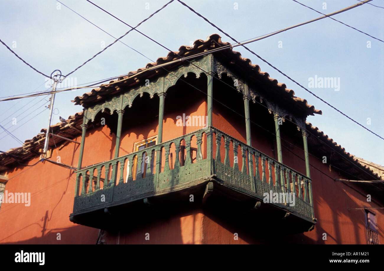 Wooden balcony on a corner of a house colonial architecture in Potosi ...