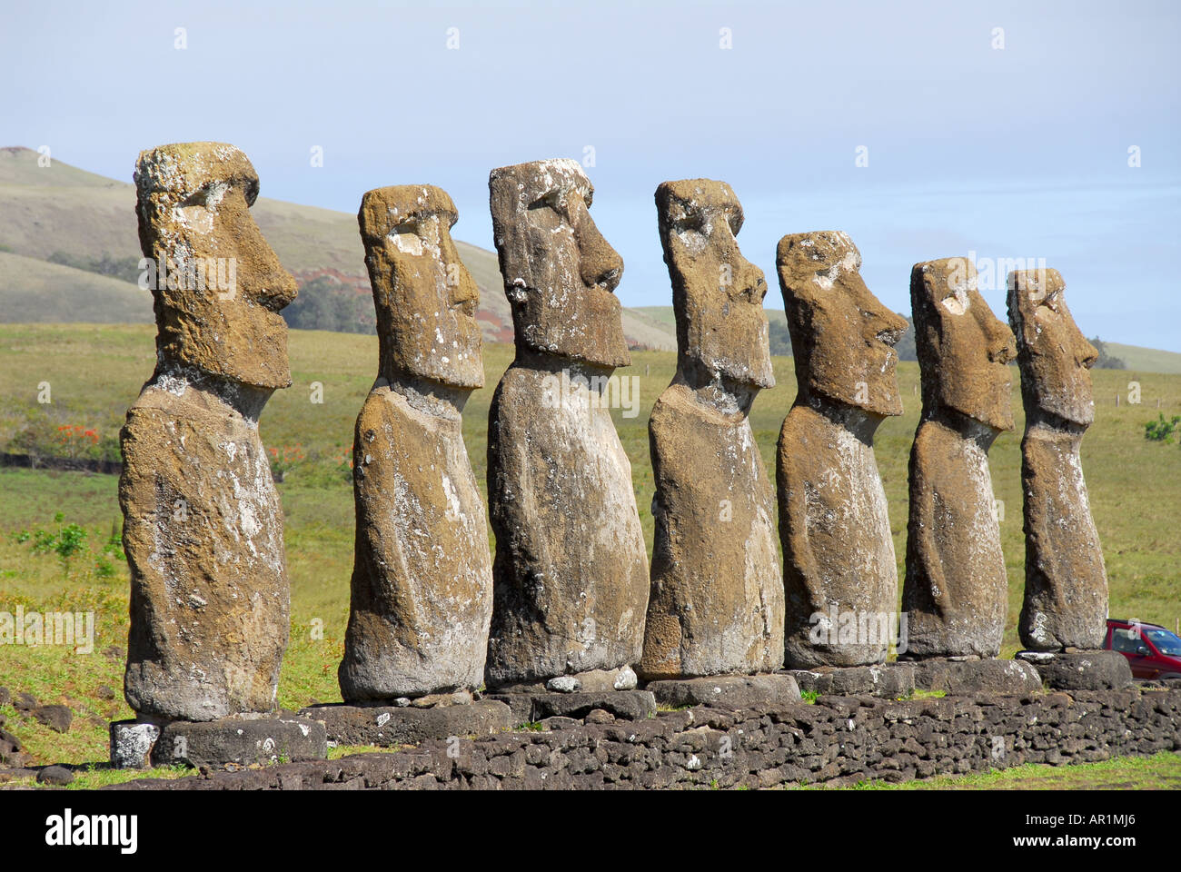 Chile Easter Island rapa nui Ahu Akiva 7 seven moai in row face right ...