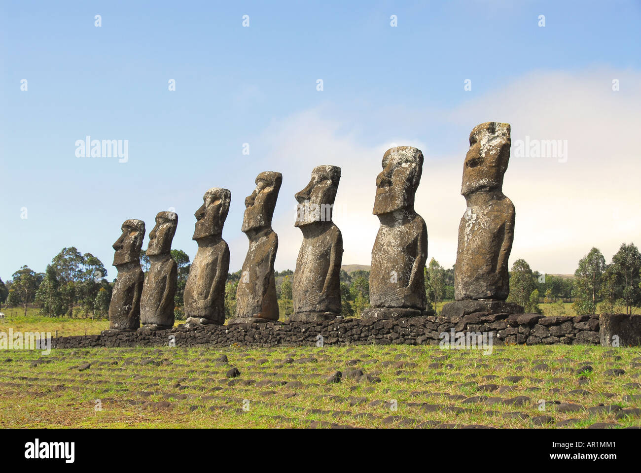 Chile Easter Island rapa nui Ahu Akiva 7 seven moai in row face left ...