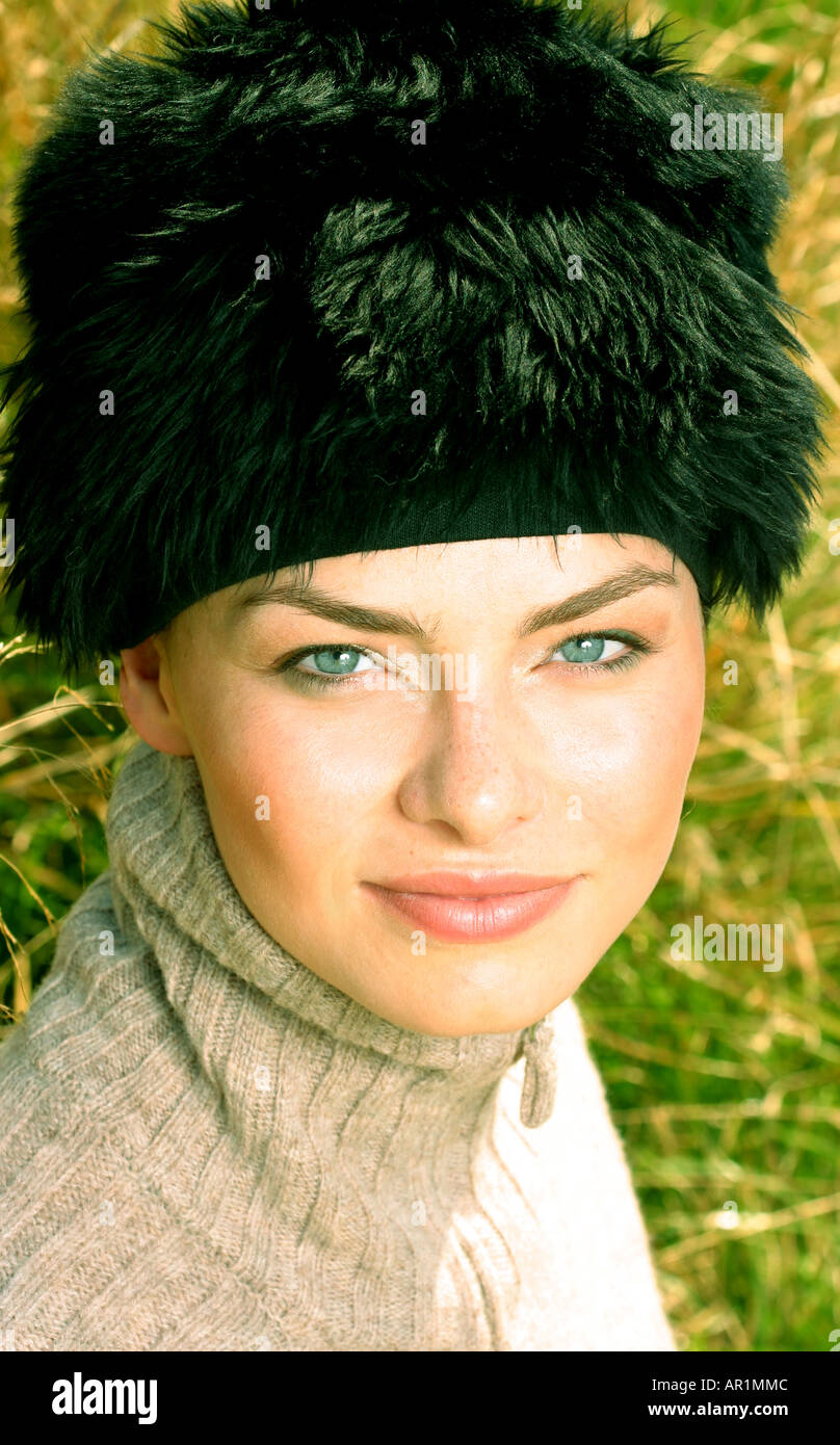 outdoor autumn day mead field grass close up portrait woman young 25 30 ...