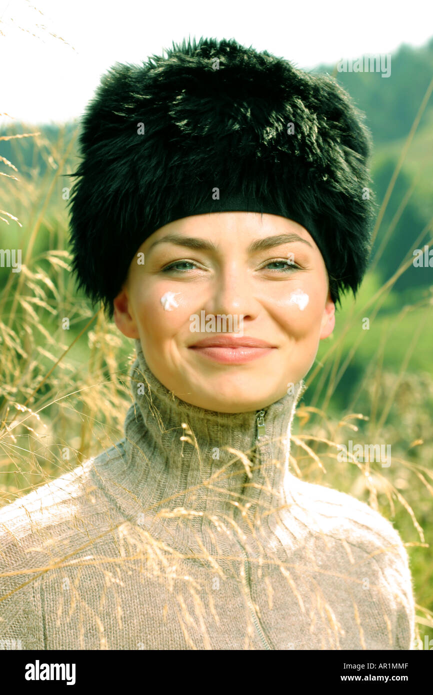 outdoor autumn day mead field grass close up portrait woman young 25 30 ...