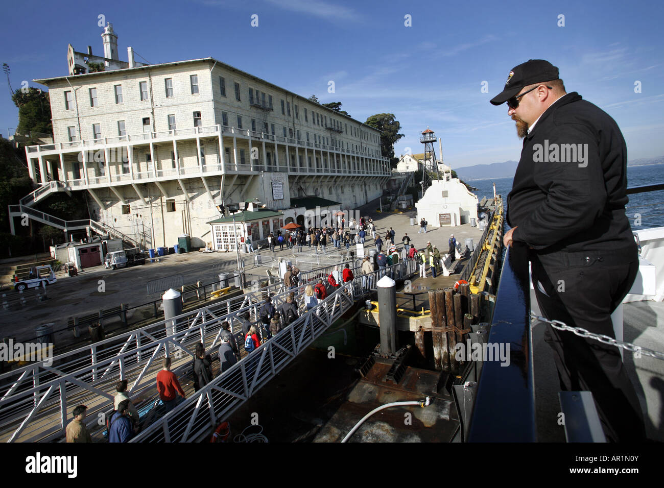 Tourists walk onto Alcatraz Island, San Francisco, California, USA ...