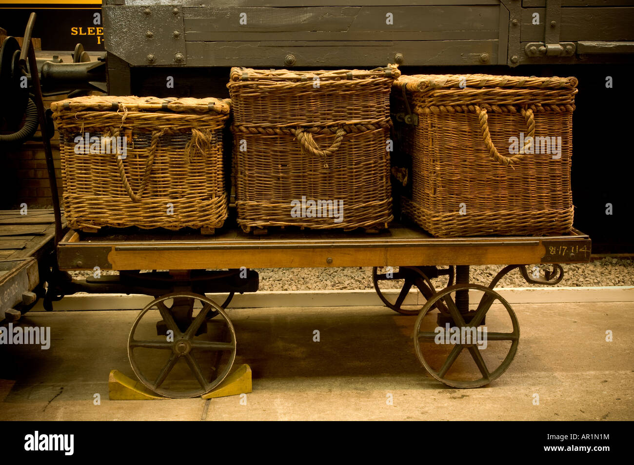 Wicker trunks on a platform trolley at the National Railway Museum, York Stock Photo - Alamy