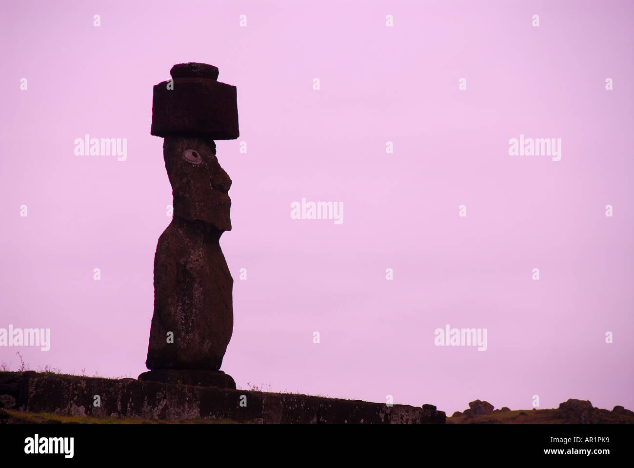 Chile Easter Island Ahu Tahai Moai Statue purple silhouette Stock Photo ...