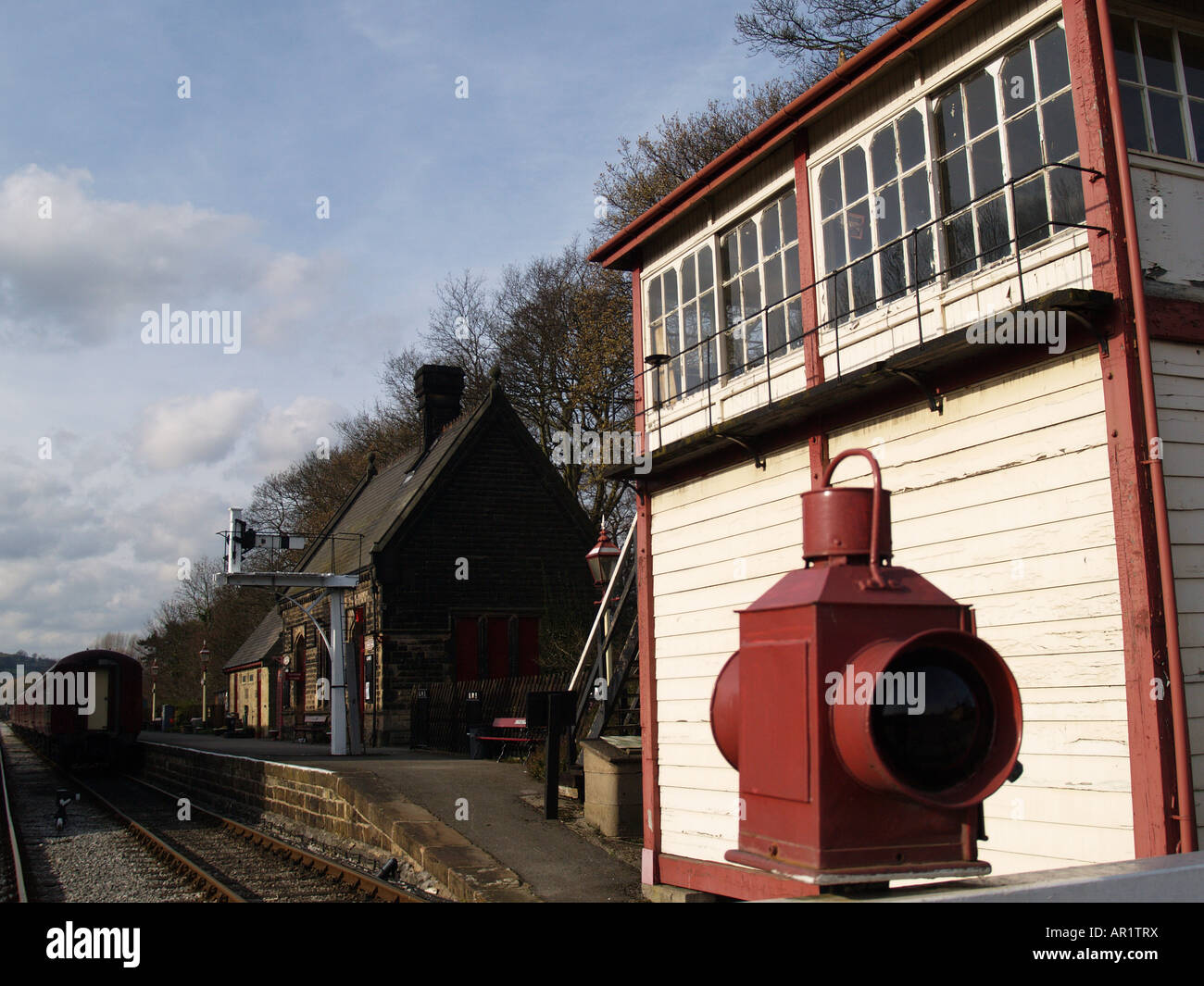 railway raised victorian signal box lamp platform Stock Photo - Alamy