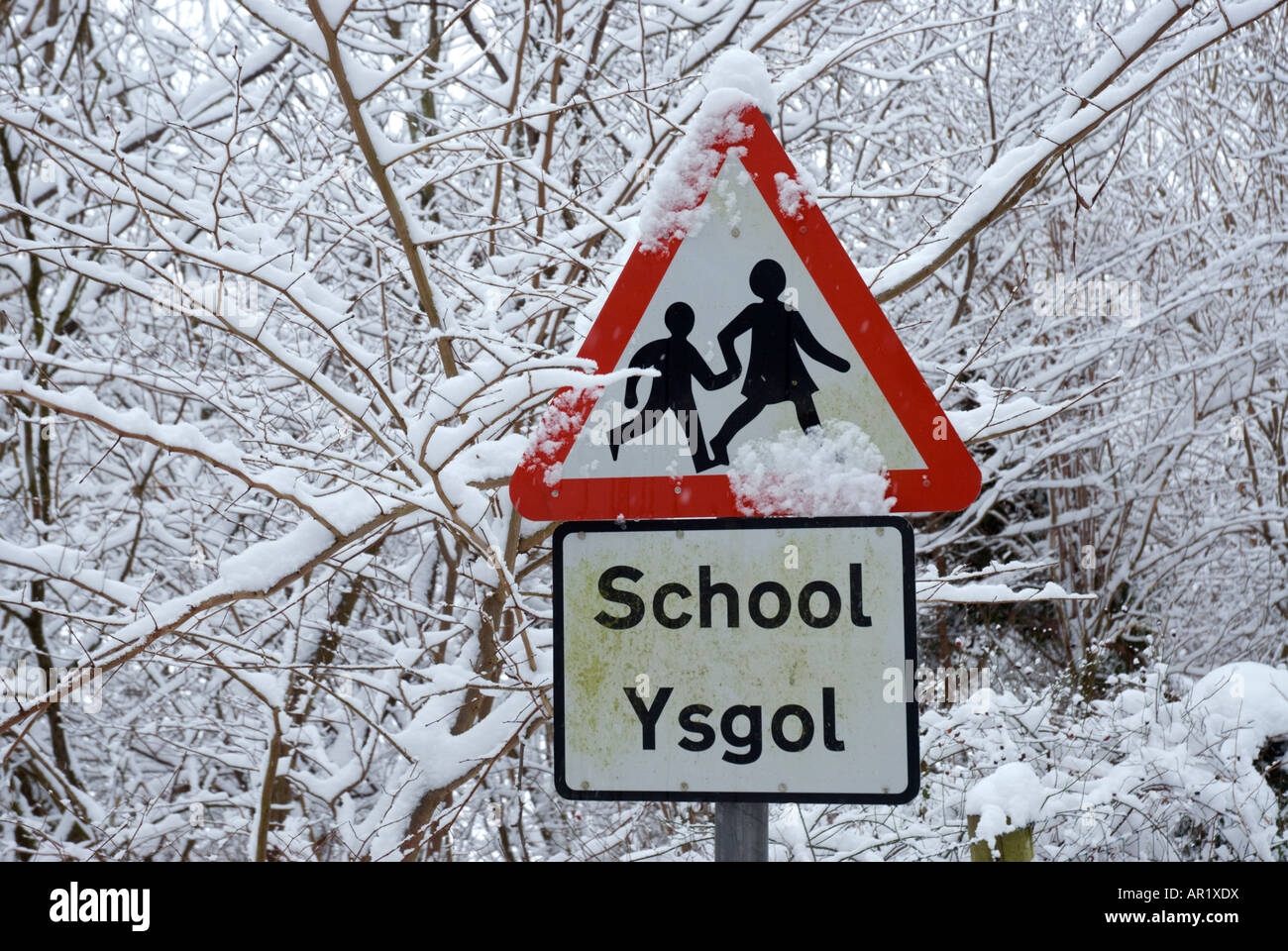 Welsh school sign in the snow Stock Photo - Alamy