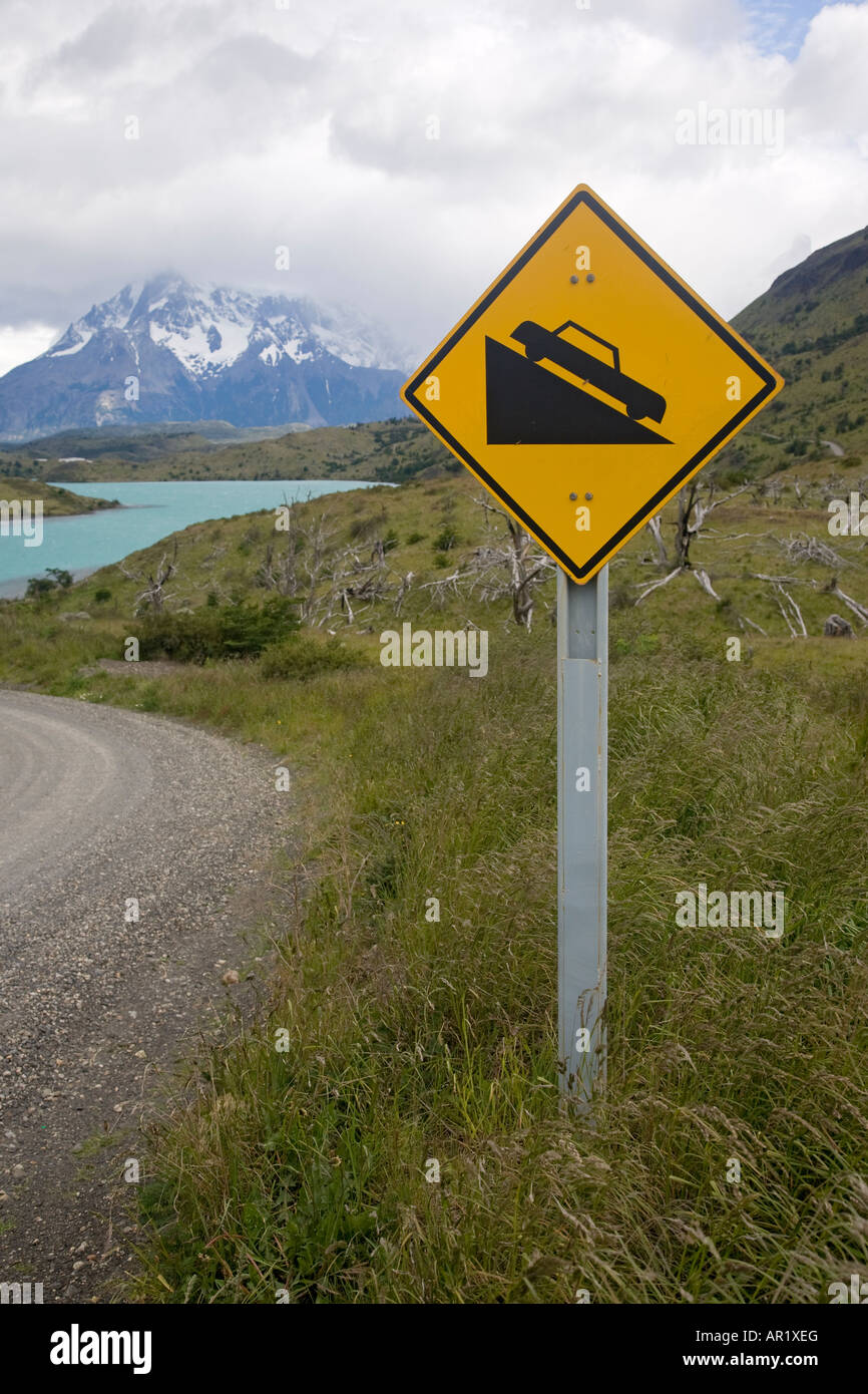 Road sign in the Torres del Paine National Park Patagonia Magallanes ...