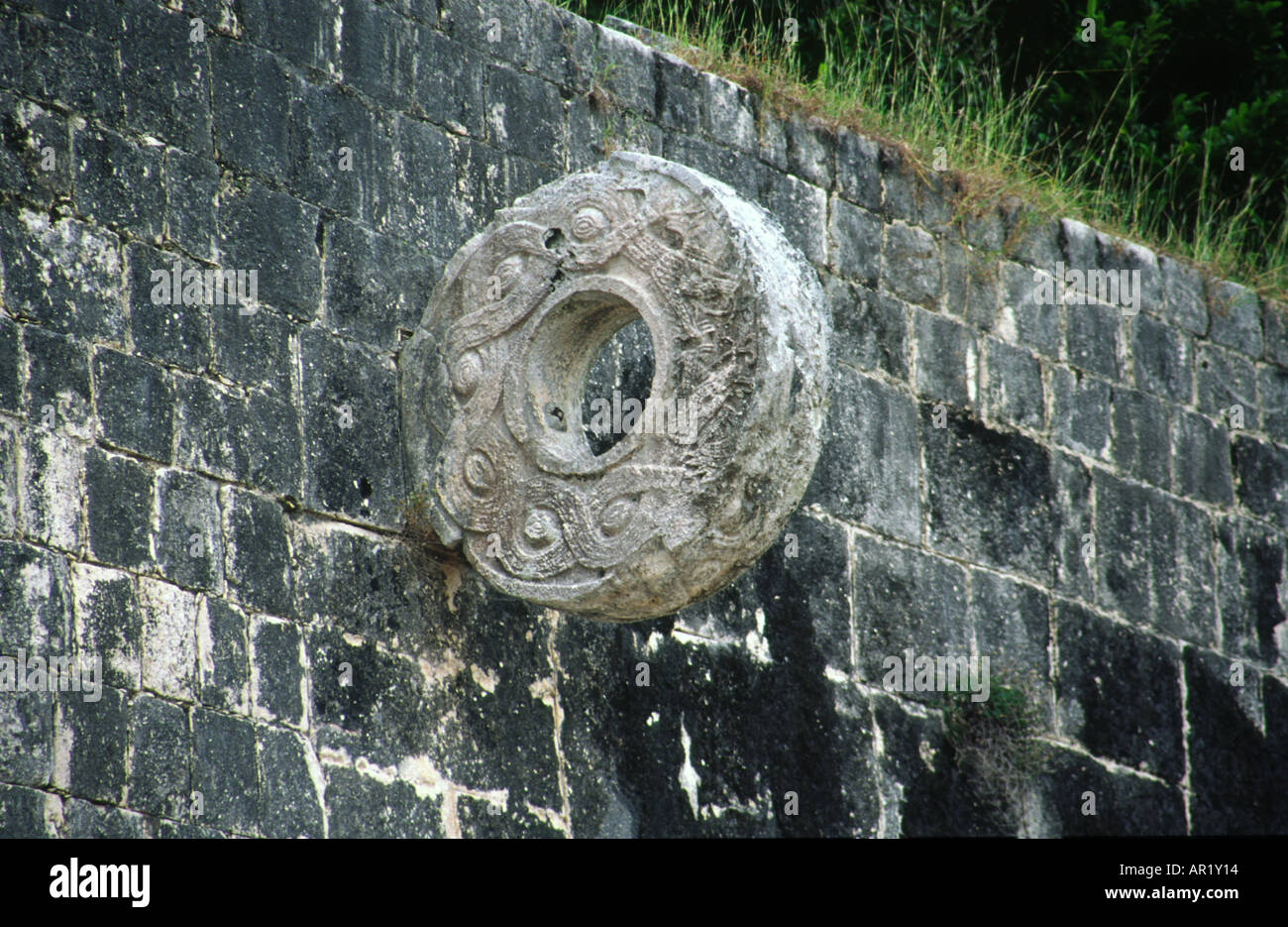 Goal ring in the ball court at Chichen Itza on the Yucatan Peninsula in ...