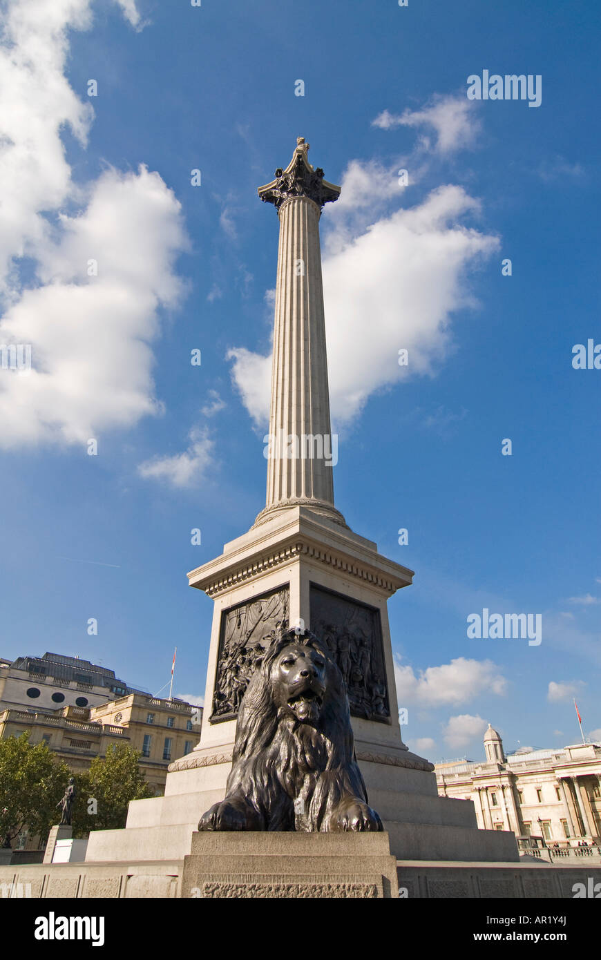 Vertical view of Nelson's column and the bronze lions at each corner in ...