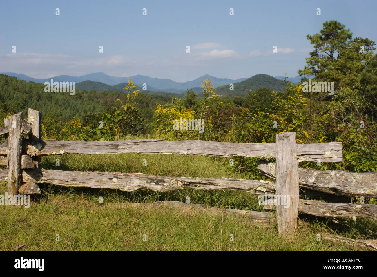 Scenic view of Blue Ridge Mountains behind split rail fence at scenic ...
