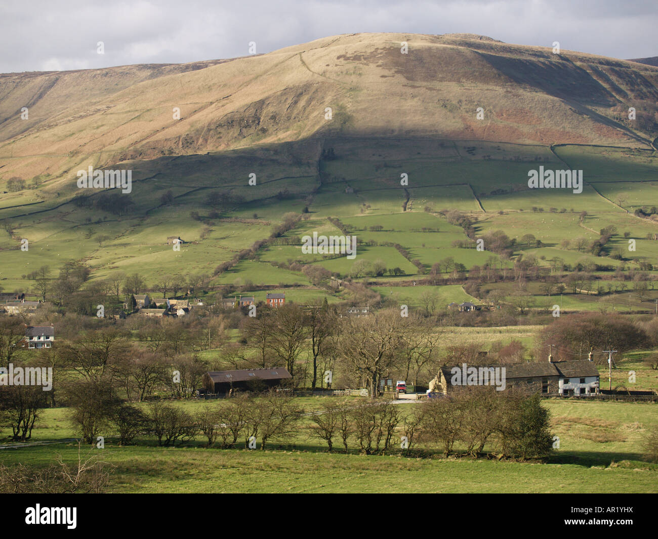 sheep farming upland valley peak farmland fields Stock Photo - Alamy