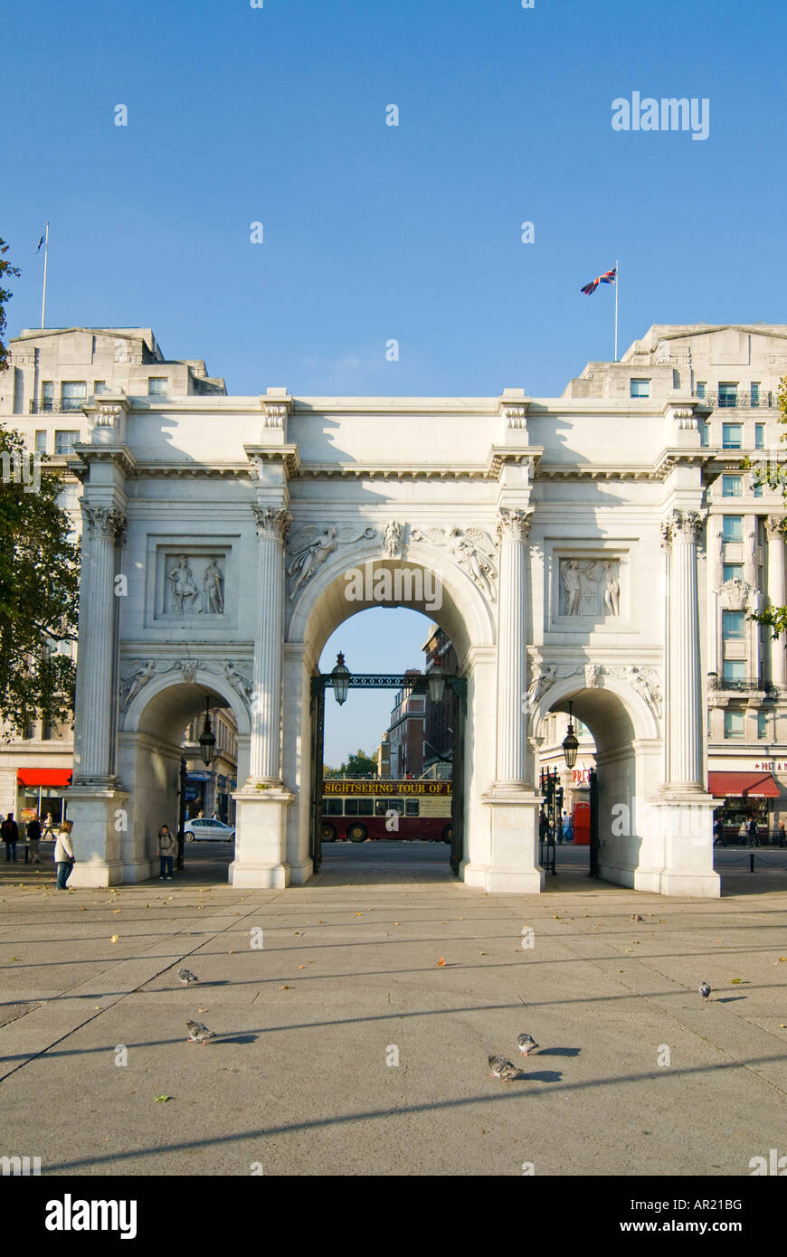 Vertical wide angle of Marble Arch, the white marble monument standing ...