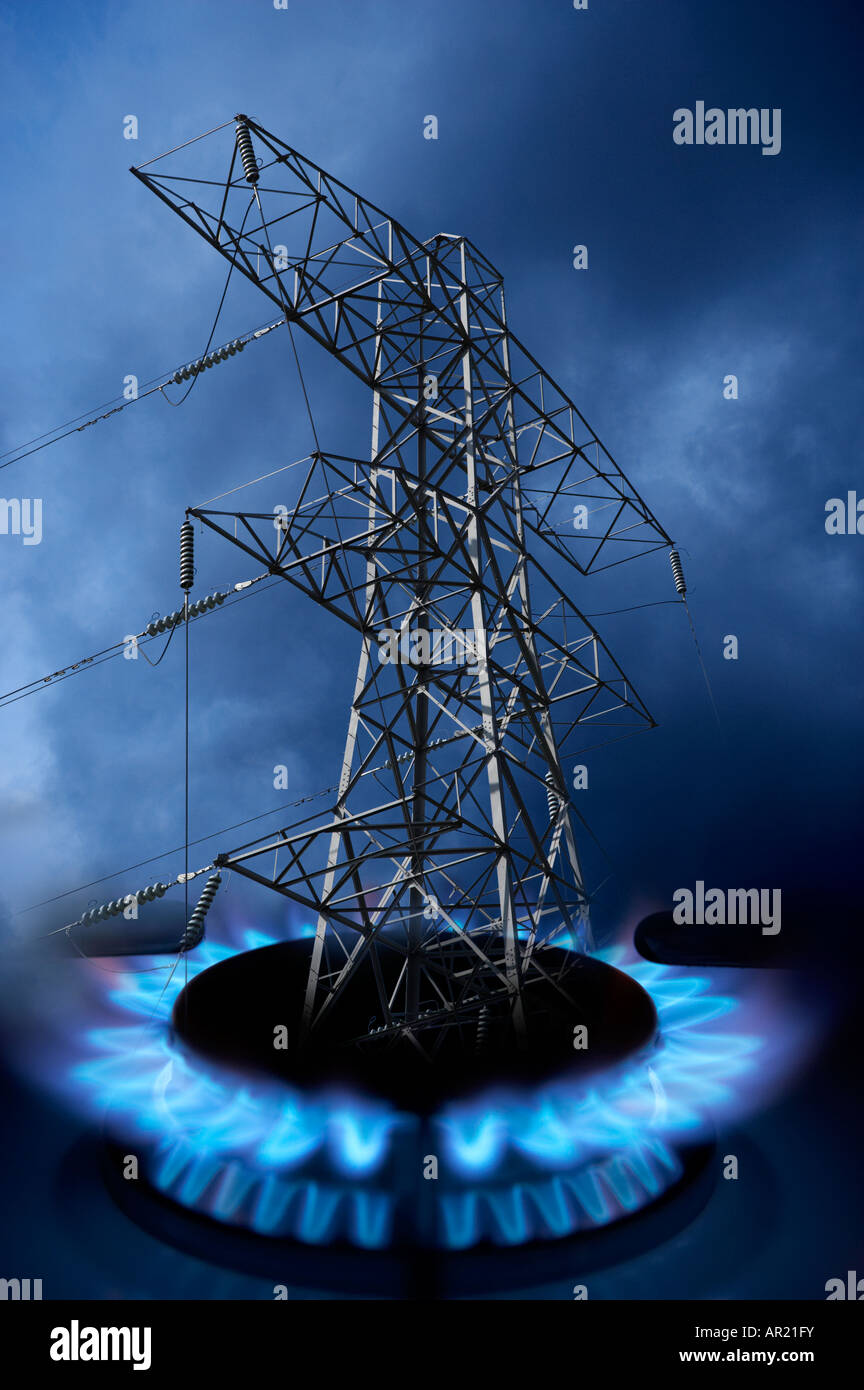 ELECTRICITY PYLON AND GAS COOKER FLAME Stock Photo - Alamy