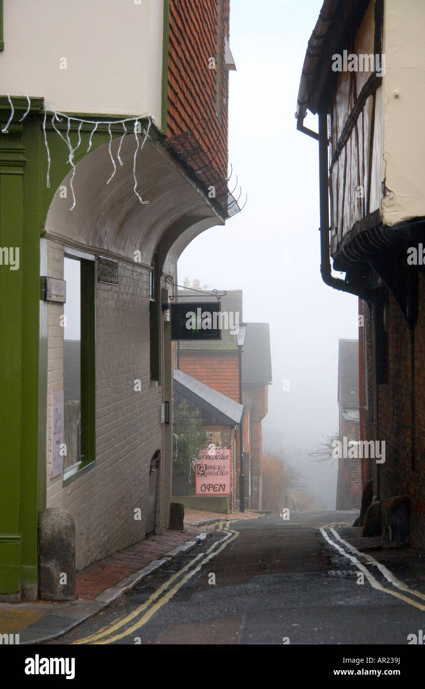 Medieval shops along the side of a traditional twitten lane in Lewes ...