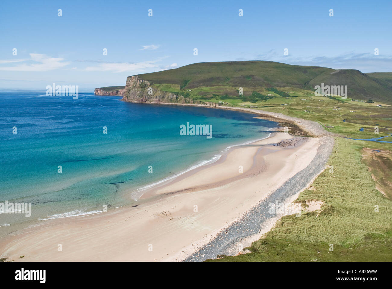 Elevated view of sandy beach and cliffs at Rackwick bay from ...