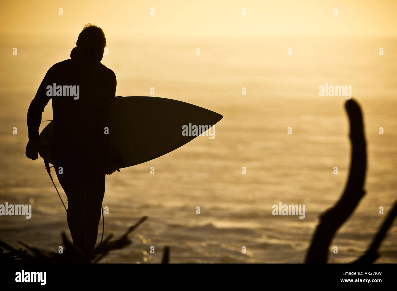 Surfer walks along debris ridden shore at Rincon Point, California ...