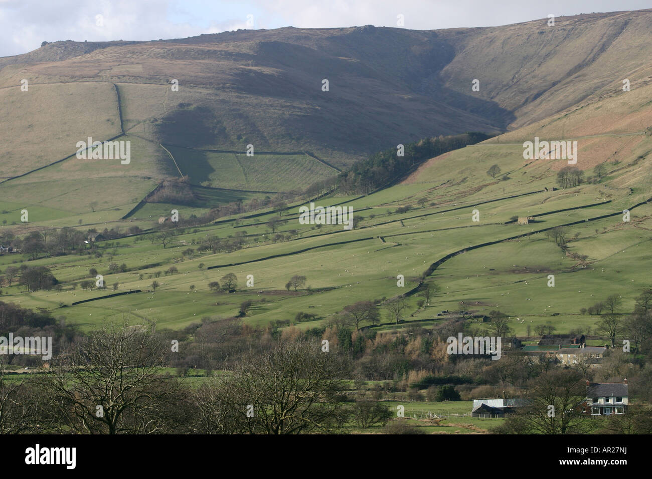 sheep farming upland valley peak farmland fields Stock Photo - Alamy