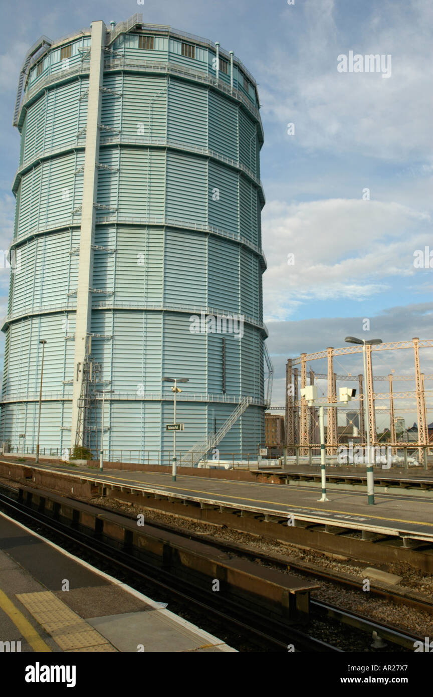 Gasworks and railway station at Battersea London England Stock Photo ...