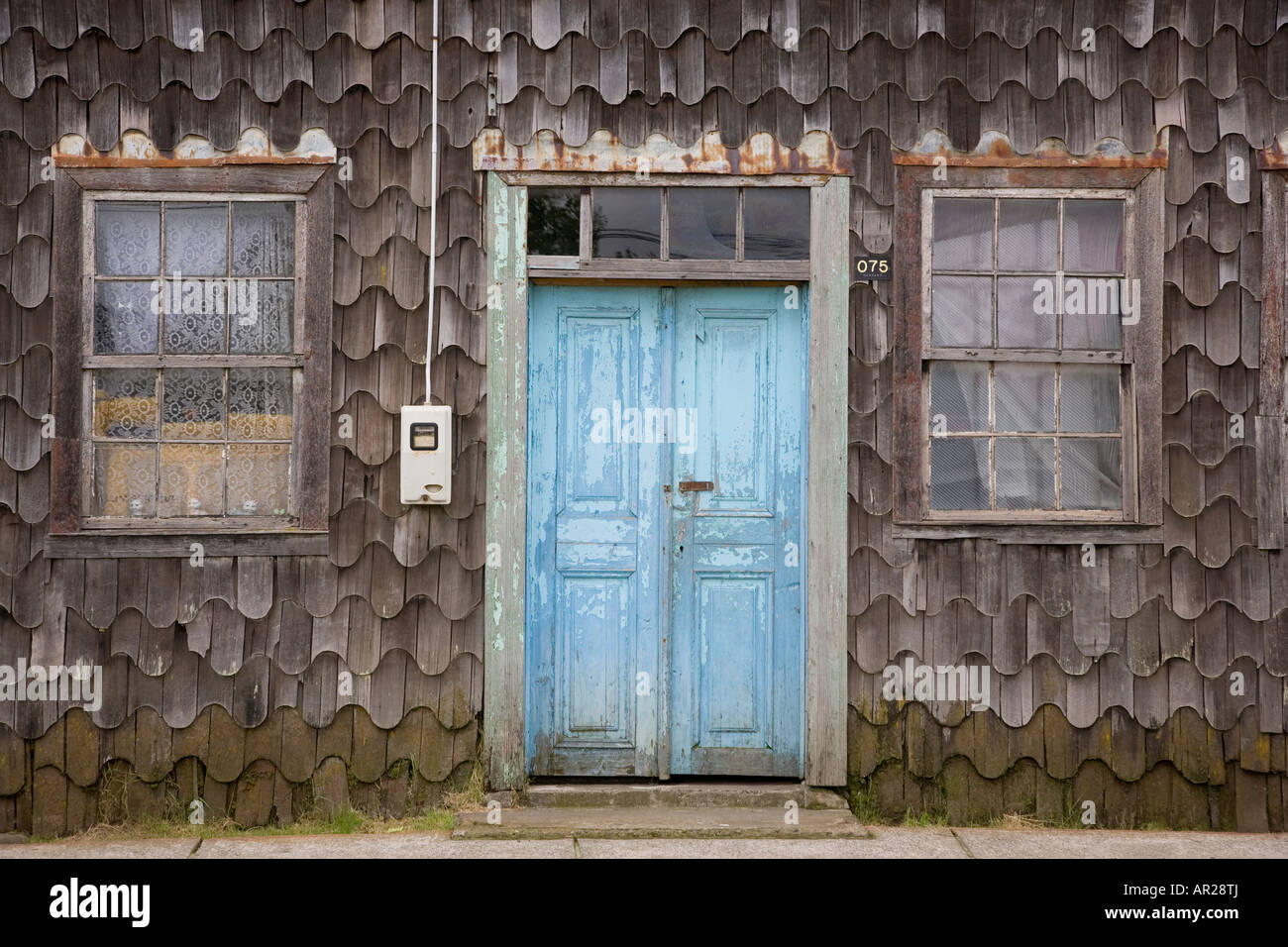 Chiloe Island, Chile: blue painted doors and cedar shingles or tejuelas ...