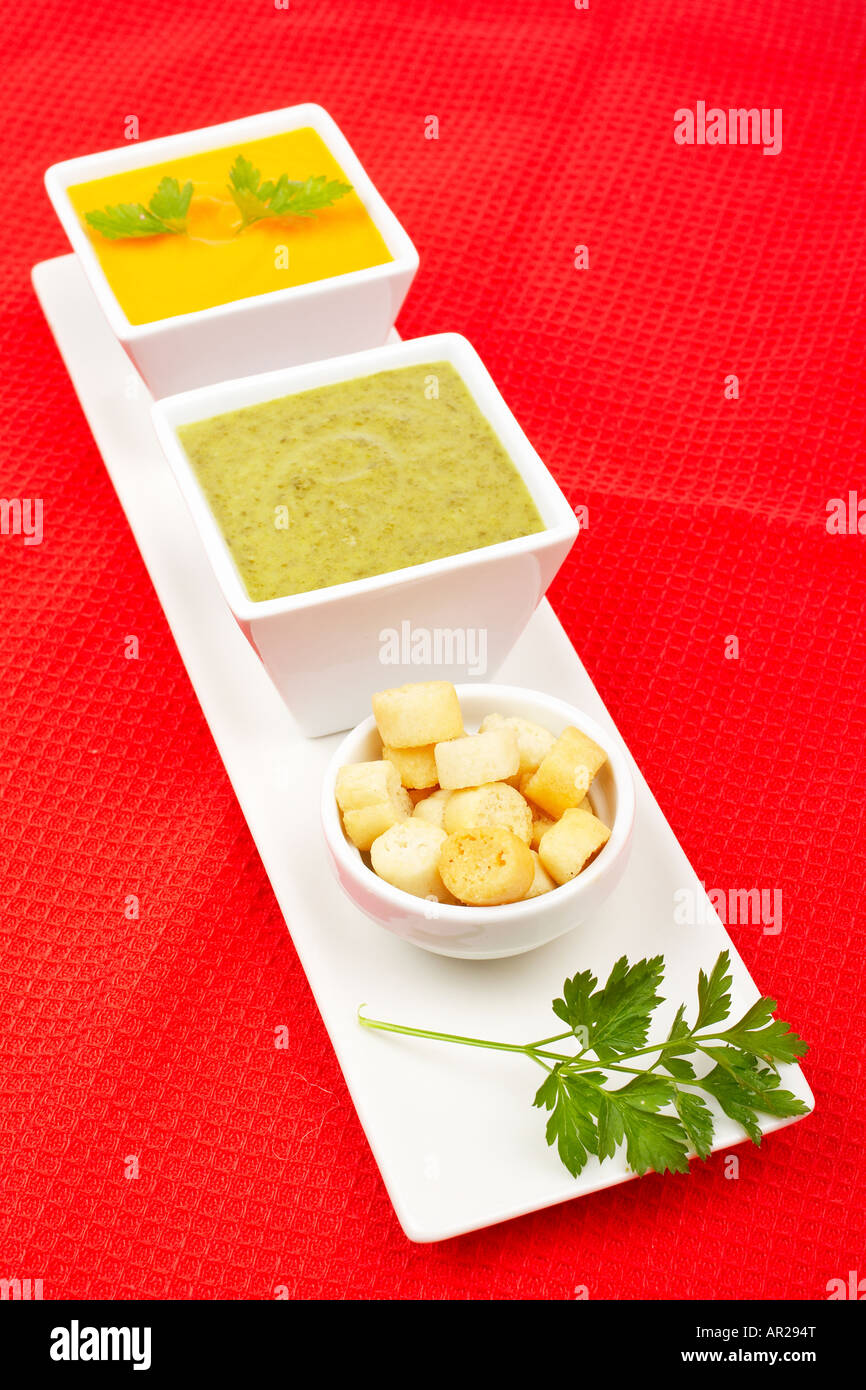 Spinach and carrots puree bread croutons with parsley Stock Photo - Alamy