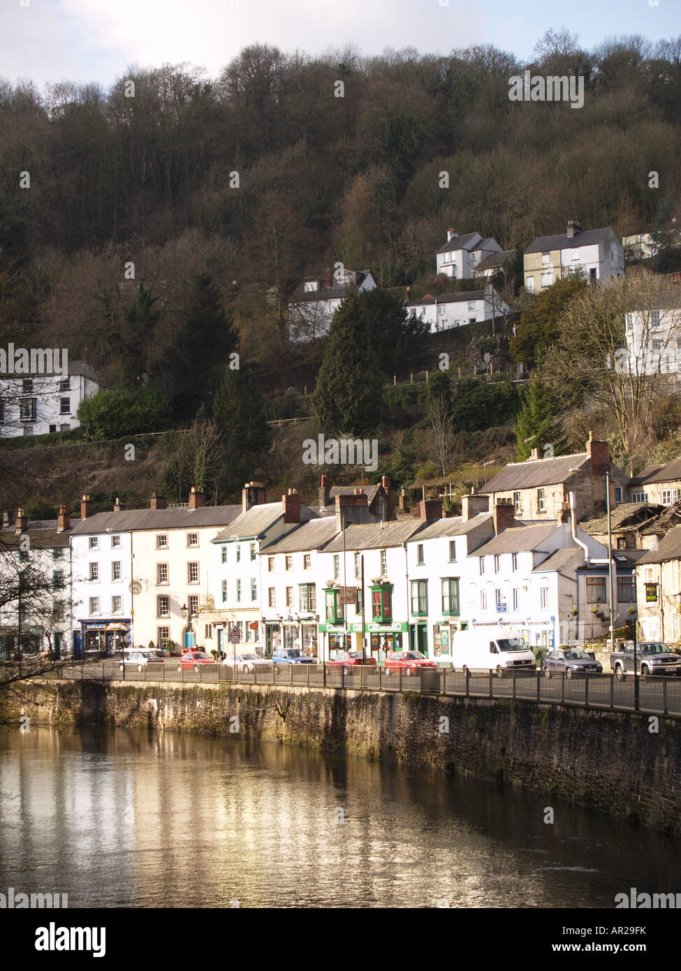 matlock bath shops river derwent water reflection Stock Photo - Alamy