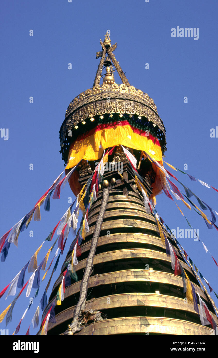 Nepal Kathmandu Swayambunath Temple gilded stupa with prayer flags ...