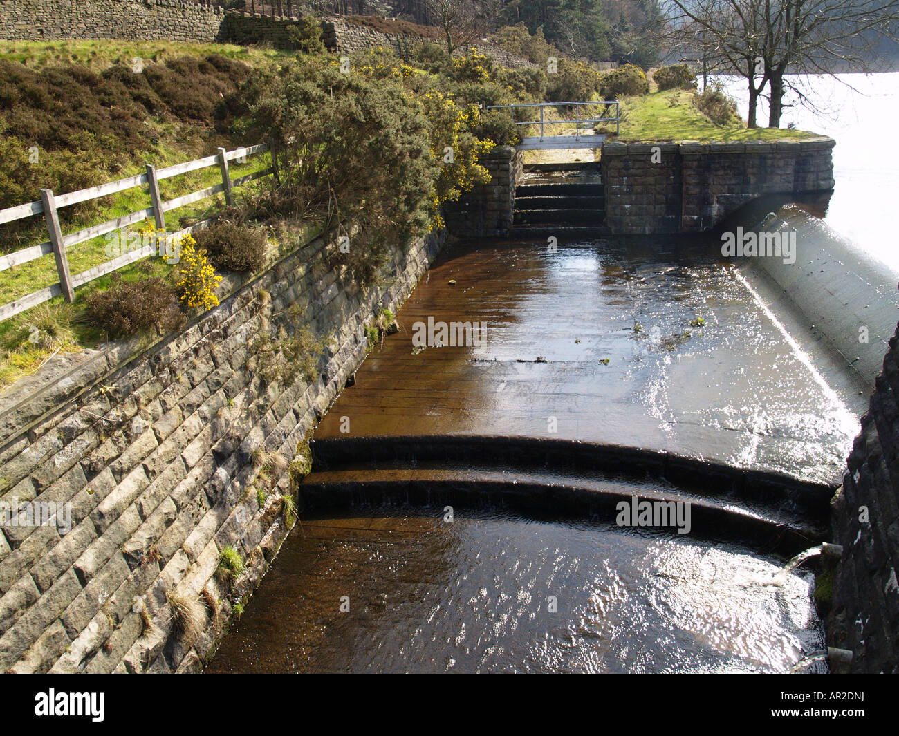 reservoir water reflection weir fence stone wall Stock Photo - Alamy