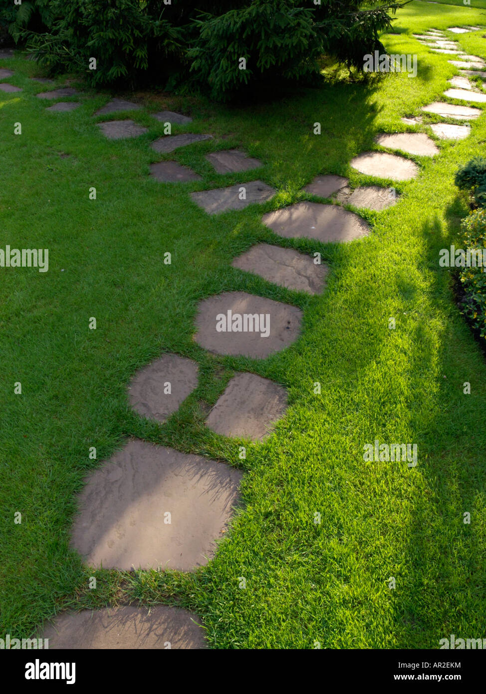 Flagstones in a lawn Stock Photo - Alamy