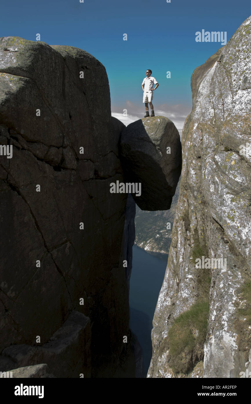 tourist on Bolten, a rock hanging in a crevices 600 meters above the ...