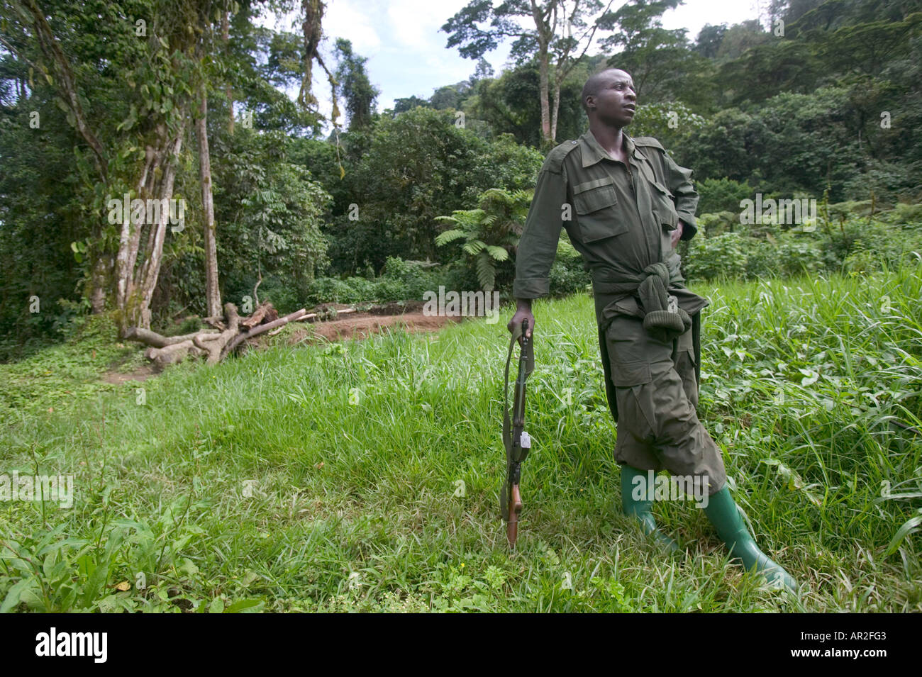 Africa Uganda Bwindi Impenetrable National Park Guard carrying AK 47 ...