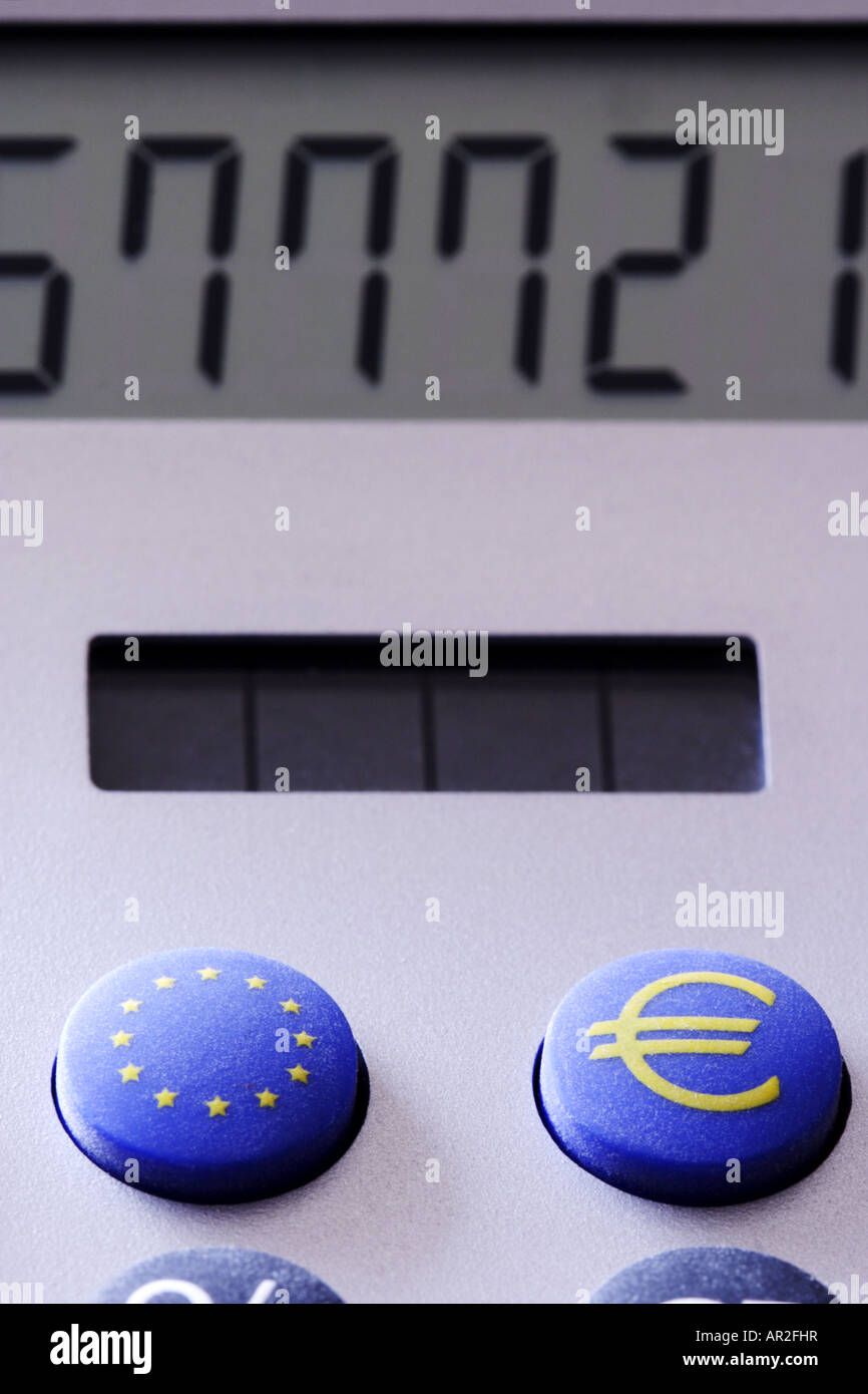 keyboard with euro key of hand calculator and display Stock Photo - Alamy