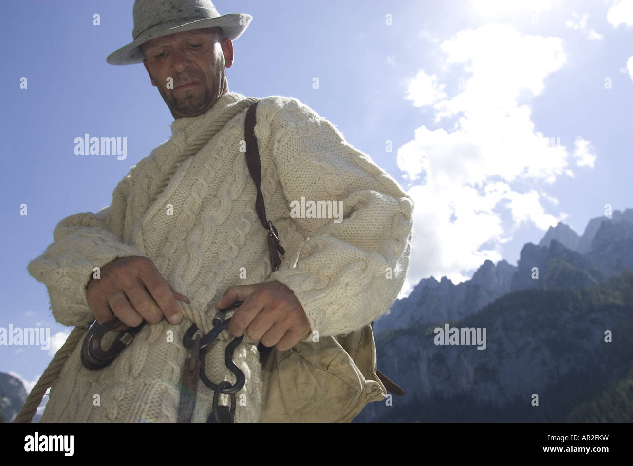 climber in traditional clothing, Austria, Gosautal, Alps Stock Photo ...